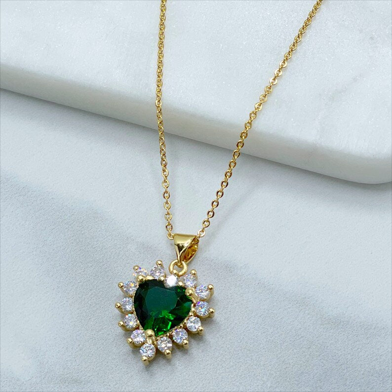 18k Gold Filled Chain Green Heart CZ Necklace,Earrings Set,Wholesale ...